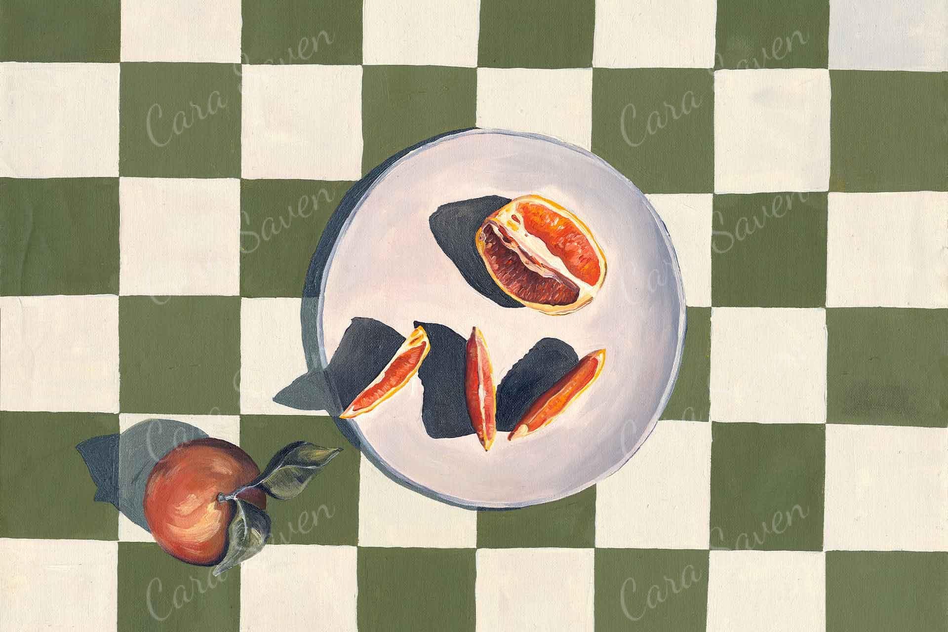 Naval Oranges on Green Check - Single Plate - Cara Saven Wall Design